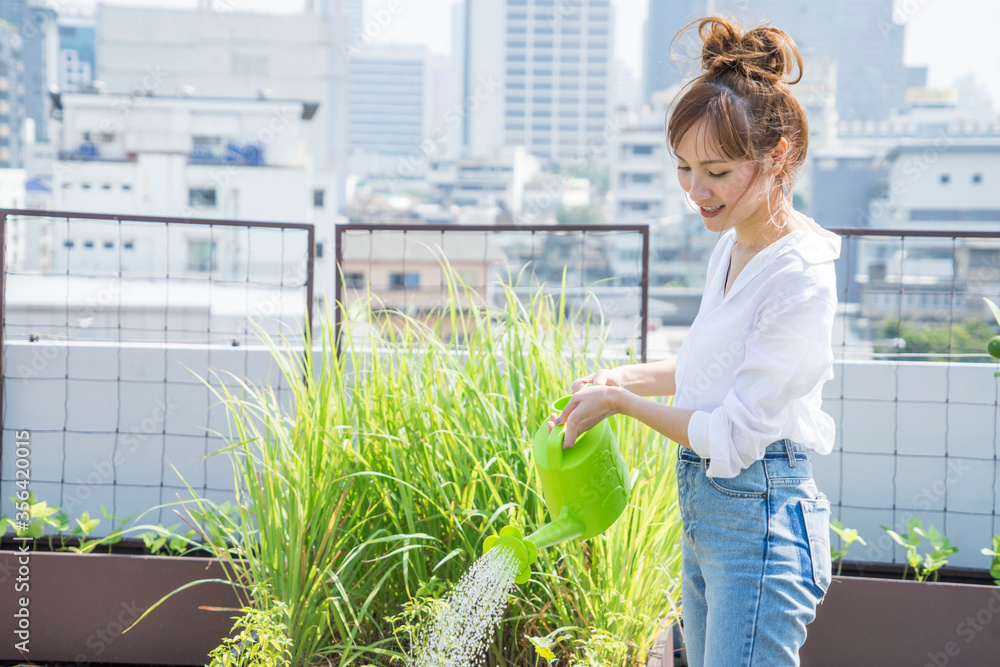 Beautiful Asian woman uses a water tank to water the plants on the roof ...