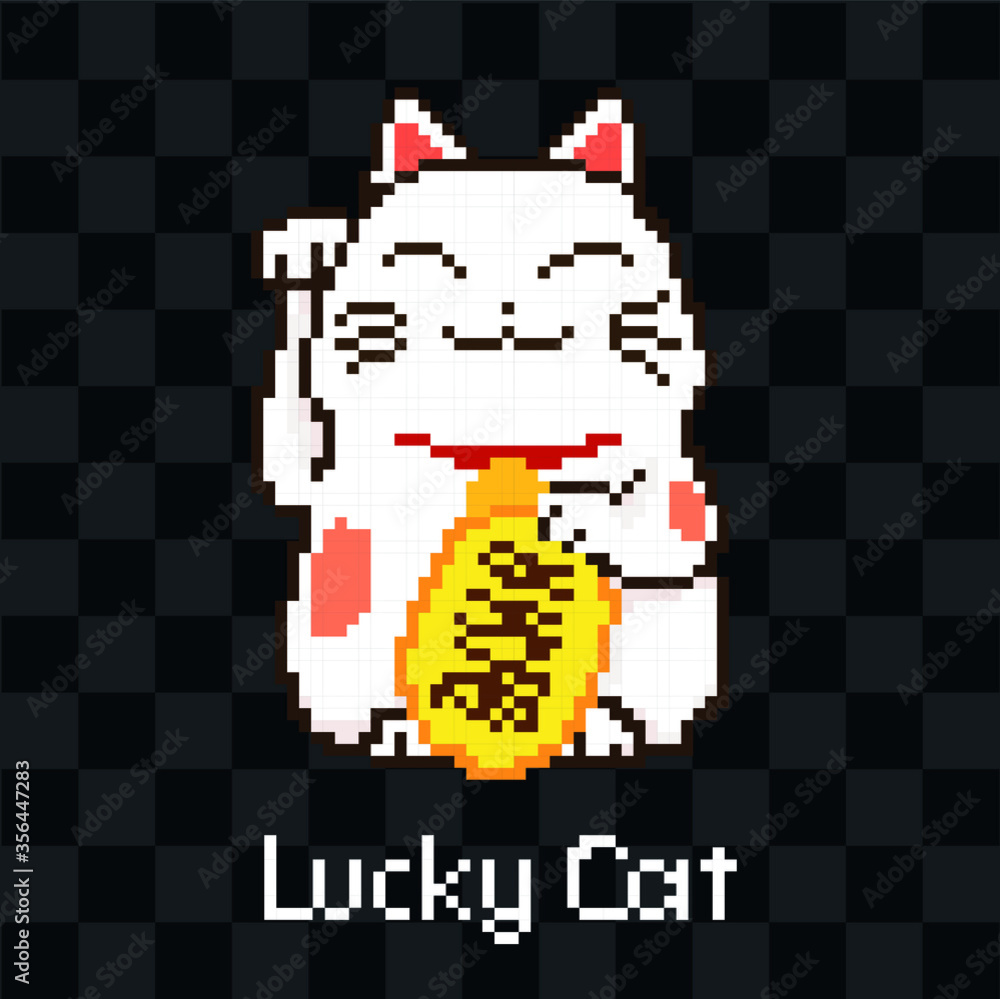 pixel Lucky cat waving hand. Feng shui Success wealth symbol mascot ...