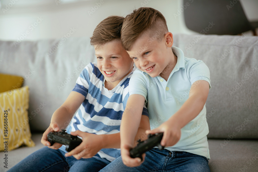 Happy brothers playing video games. Young brothers having fun while ...