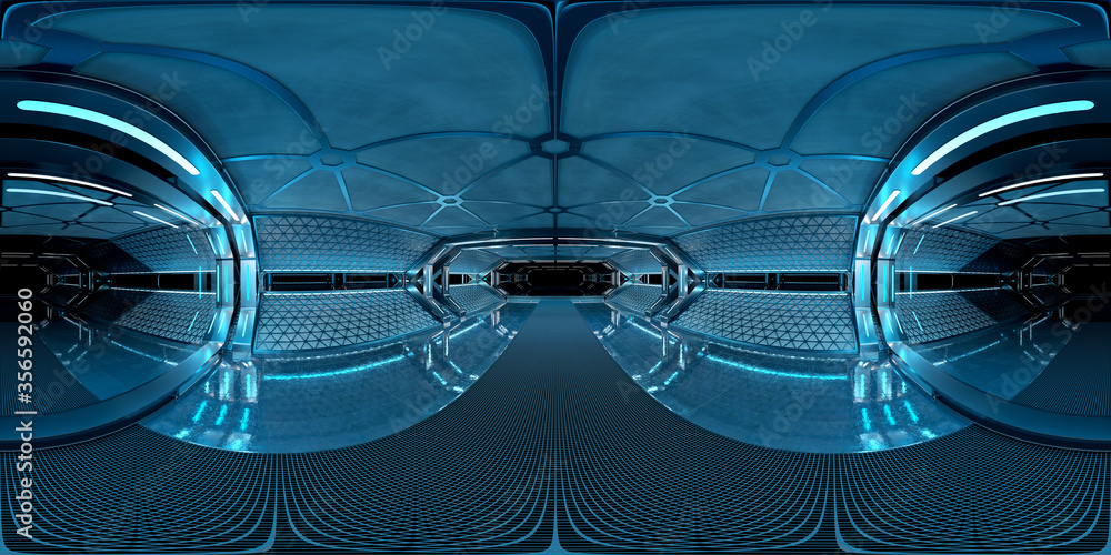 High resolution HDRI panoramic view of dark spaceship interior. 360 ...
