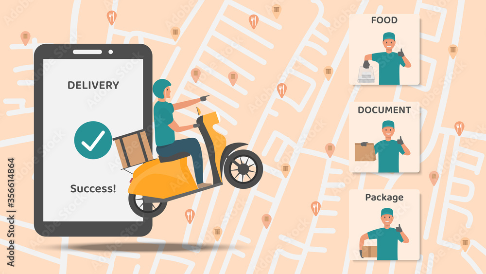 Forms of delivering food and goods online via mobile Map showing pickup ...