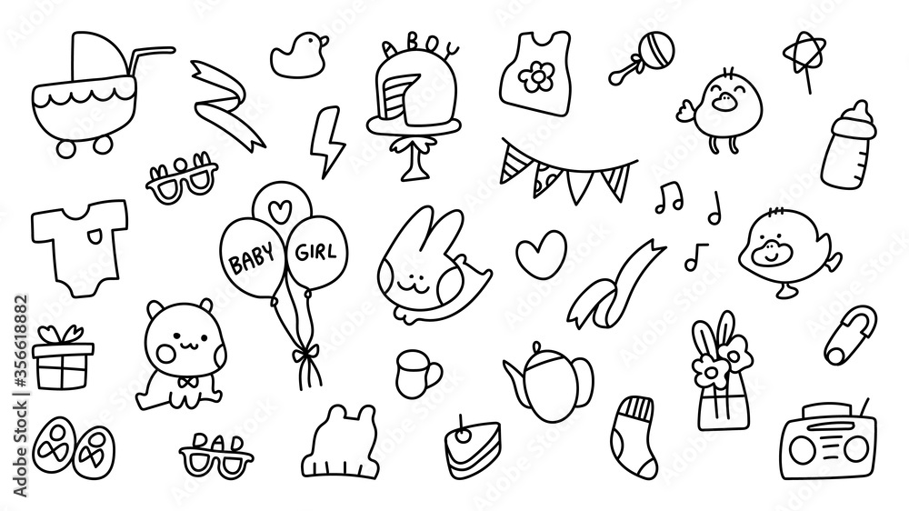 Baby shower cute doodle vector set. Hand drawn design for baby shower ...
