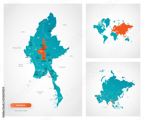 Editable template of map of Myanmar - Burma with marks. Myanmar - Burma ...