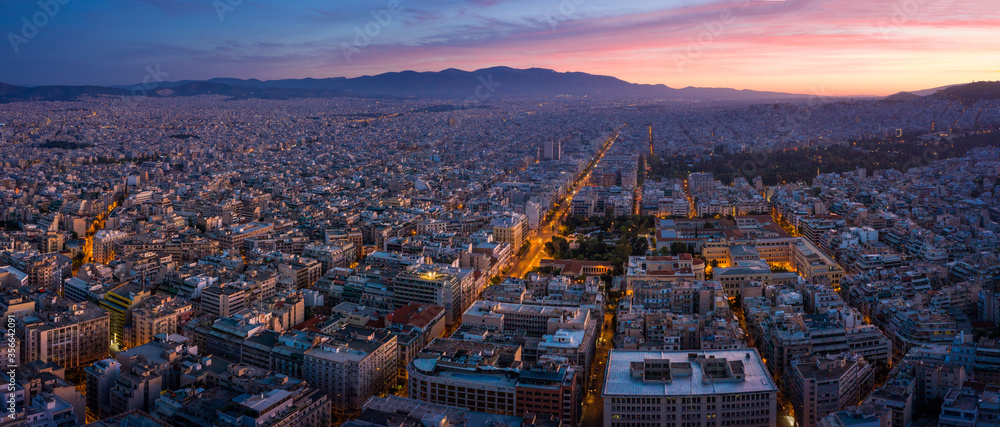 Mystical pink sunrise panorama of Athens, Greece. Horisontal panoramic ...