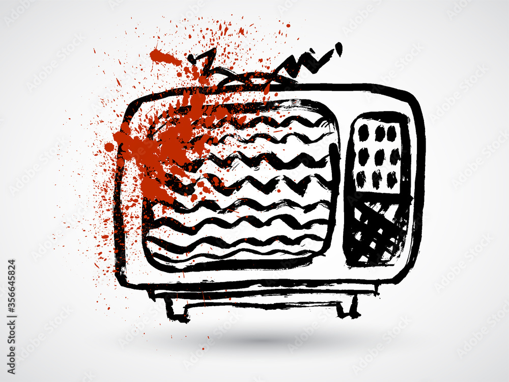 TV vector icon in grunge style with red blood. Hand-drawn doodle black ...