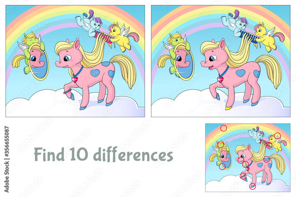 Little Pegasuses comb the pony's mane. Cute pony on cloud. Find 10 ...