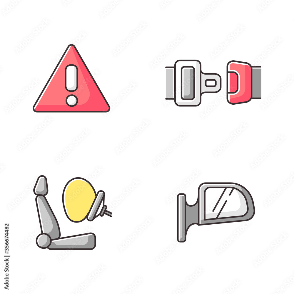 Drivers safety precautions RGB color icons set. Security measures, safe ...
