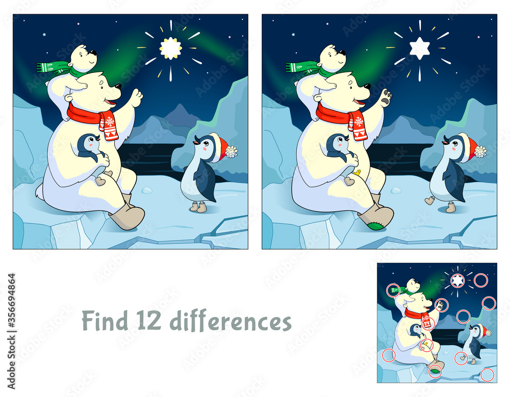 Polar bears and penguins look at the star. North pole. Christmas. Find ...