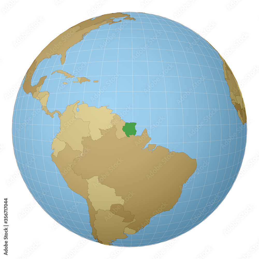 Globe centered to Suriname. Country highlighted with green color on ...