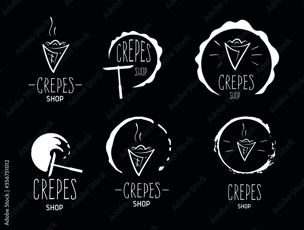 Hand drawn logos of crepes black background. Doodle vector illustration ...