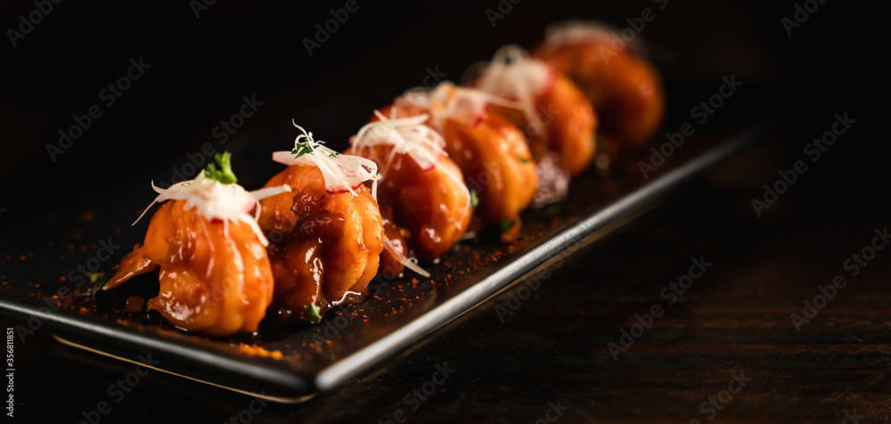 chinese food background of prawn stir fried with red sauce Stock Photo ...