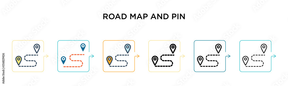 Road map and pin vector icon in 6 different modern styles. Black, two ...