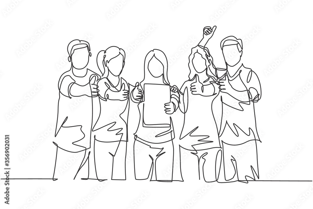 Single line drawing group of young happy entrepreneur show the award ...