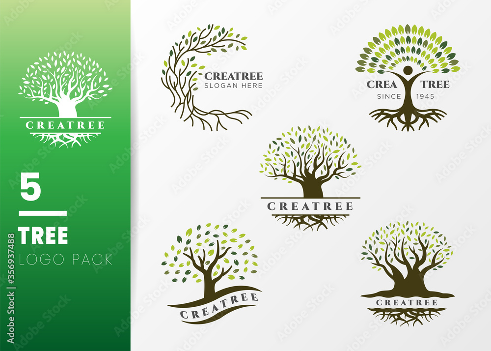 Green Tree and roots logo design vector isolated on grey background ...