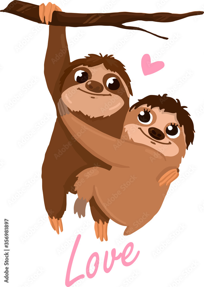 cute love sloths cartoon illustration vector Stock Vector | Adobe Stock