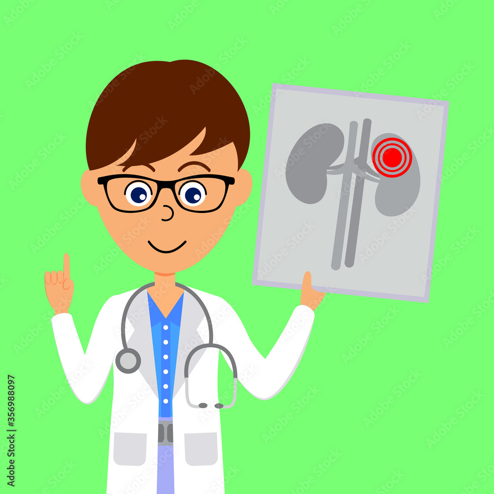 Cartoon male doctor character showing image of unhealthy kidneys ...