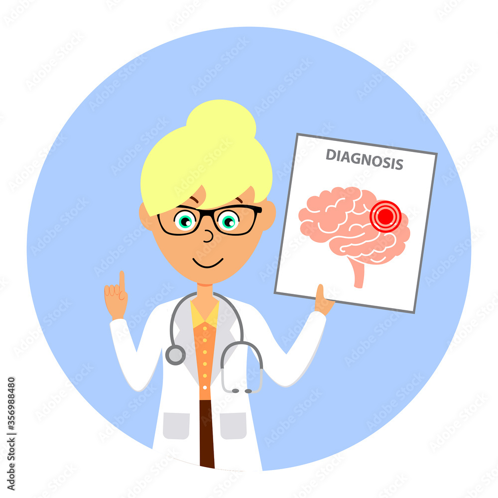 Cartoon female doctor character showing image of unhealthy brain ...