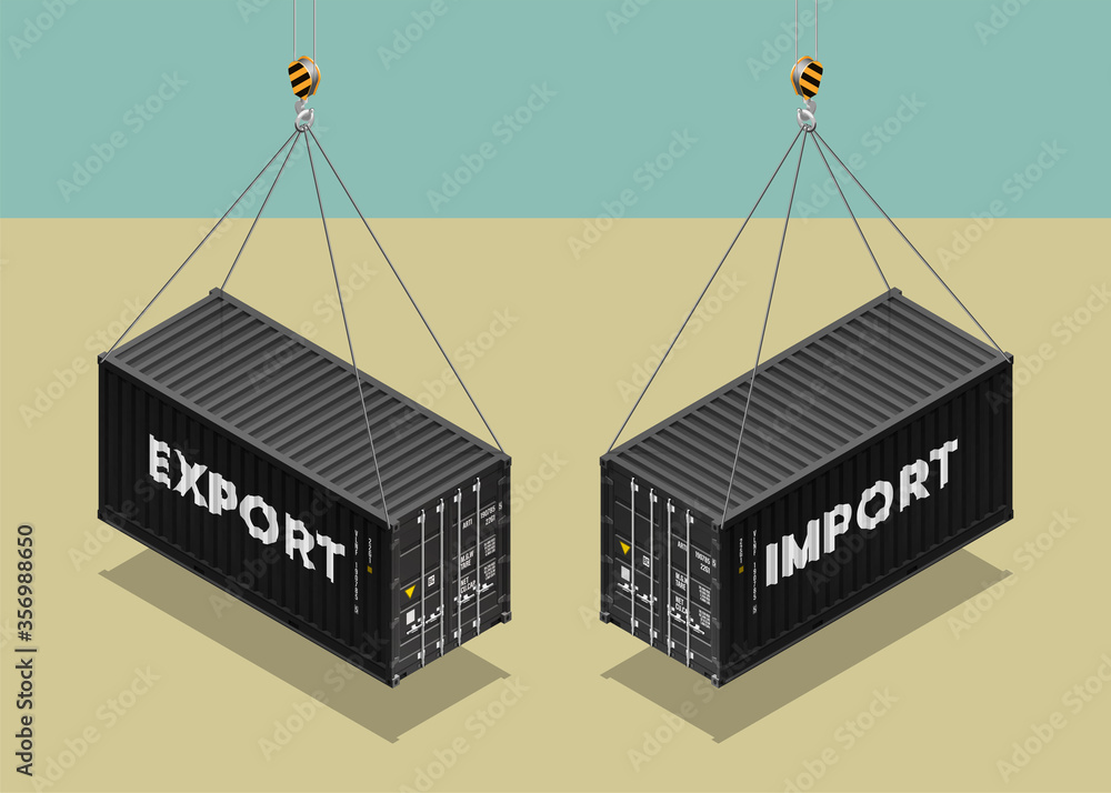 3D Isometric two 20 foot container delivery with EXPORT and IMPORT text ...