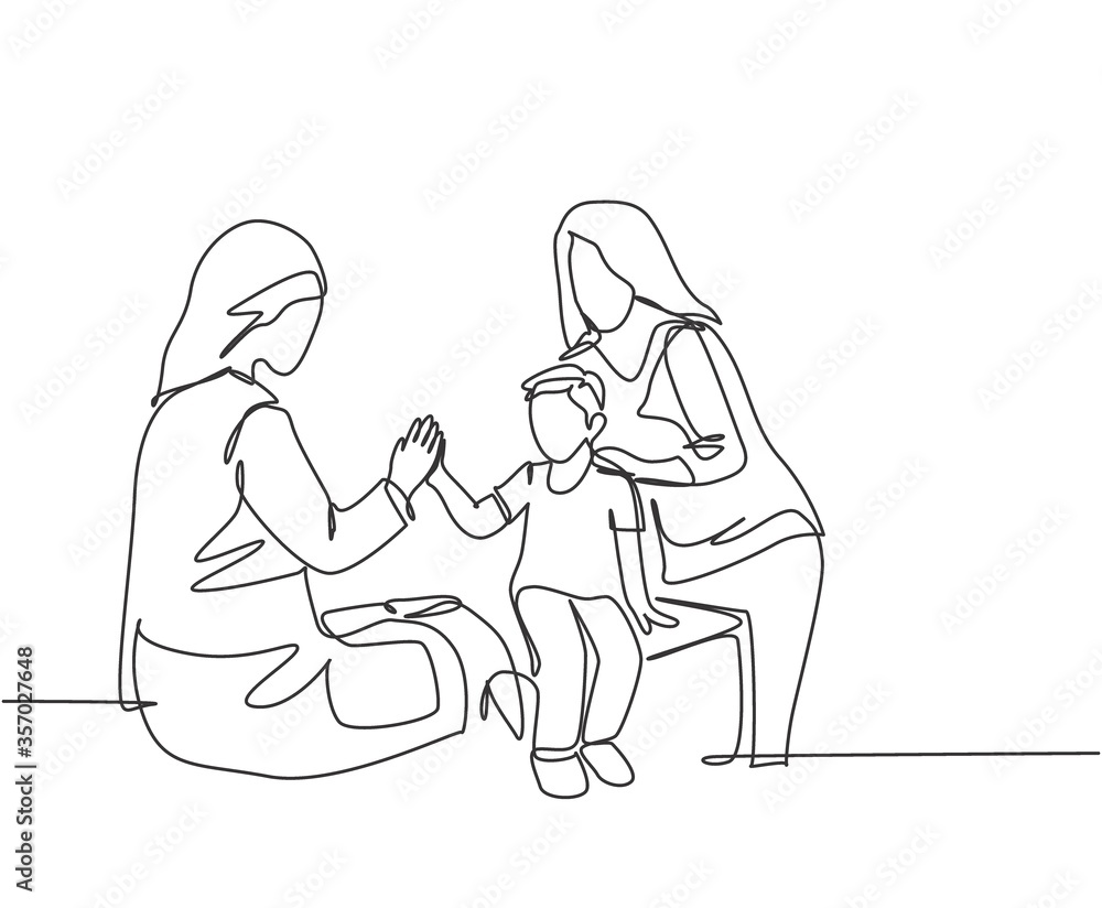 Single line drawing of young happy female doctor checking up sick ...