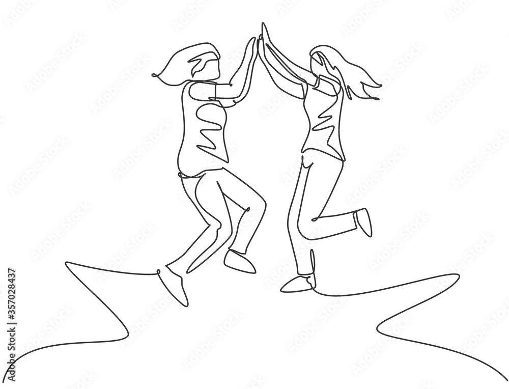 Vector de Stock Single line drawing of two young happy women jumping and giving high five ...