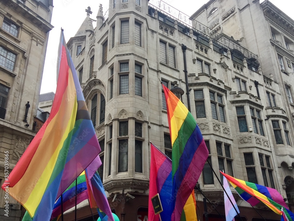Rainbow color flags at London Gay Pride parade Stock Photo | Adobe Stock