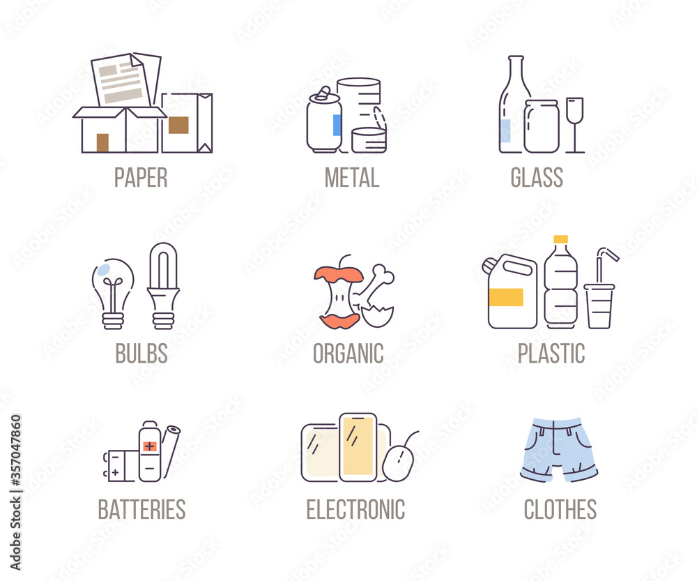 Waste Sorting Icons Set. Various Types of Trash for Segregation. Plastic, Paper, Organic and ...