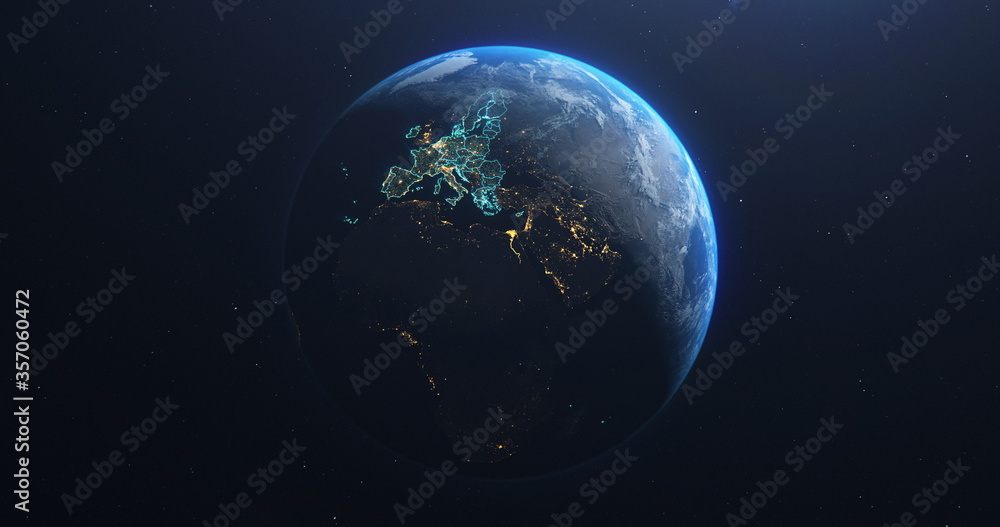 Planet Earth from Space European Union Countries highlighted teal glow ...