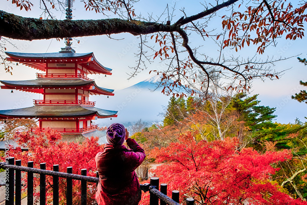 Japanese Travel Routes. Female Taking Pictures of Mt. Fuji Viewed From ...