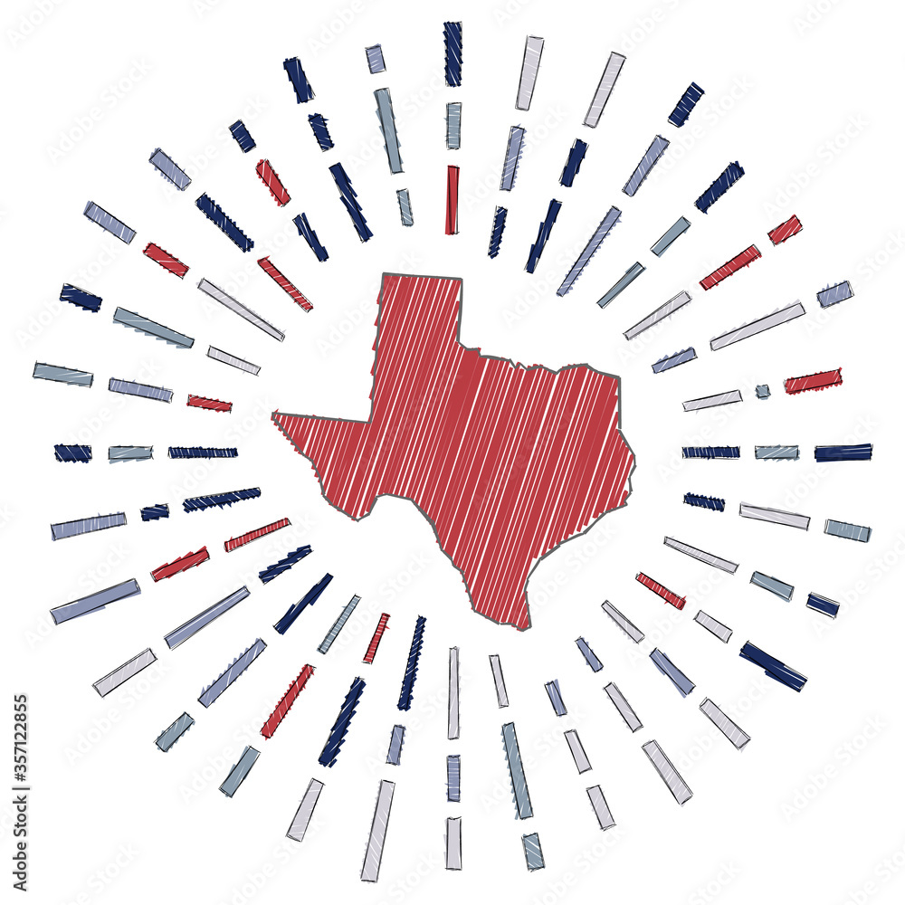 Sketch map of Texas. Sunburst around the US state in flag colors. Hand ...