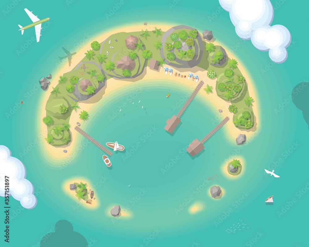 Vector illustration. Island top view. Summer vacation. Time to travel ...