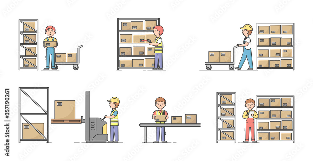Warehouse Concept. Set Of Workers At Work On Warehouse. Characters Sort ...