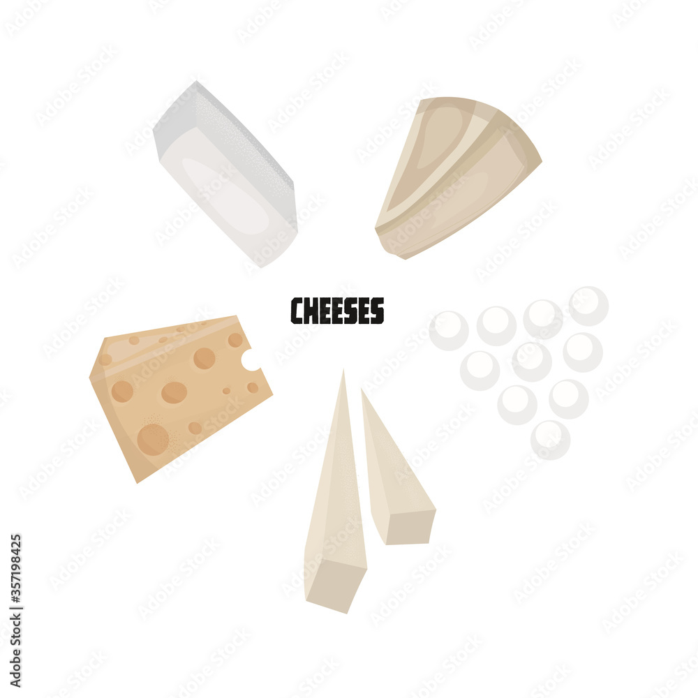 Cheeses concept. Cute vector flat illustration with different cheeses ...