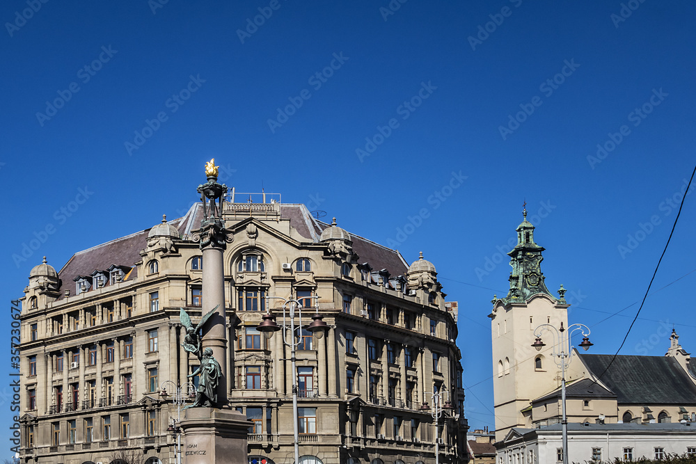 Adam Mickiewicz Monument in Lviv, Ukraine. Lviv is a city in western ...