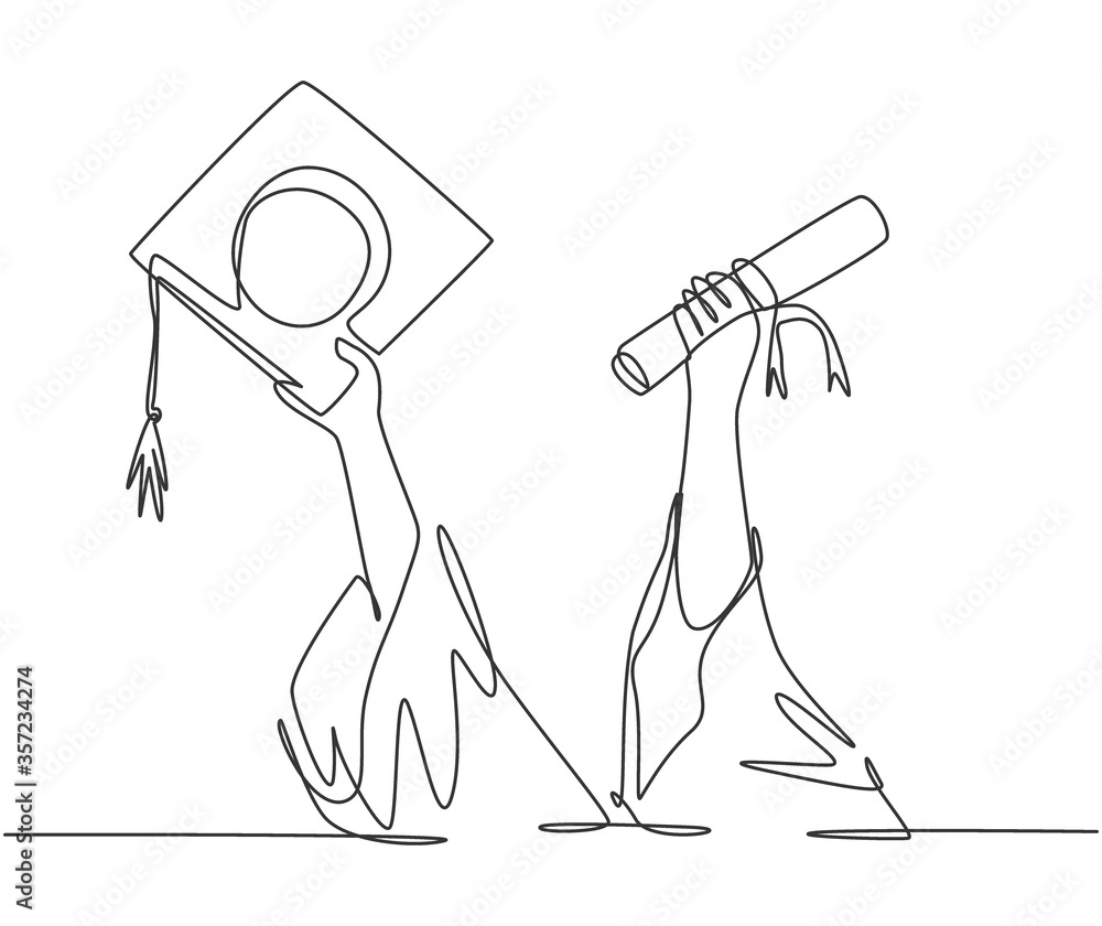 One single line drawing of young happy graduate college students lift ...