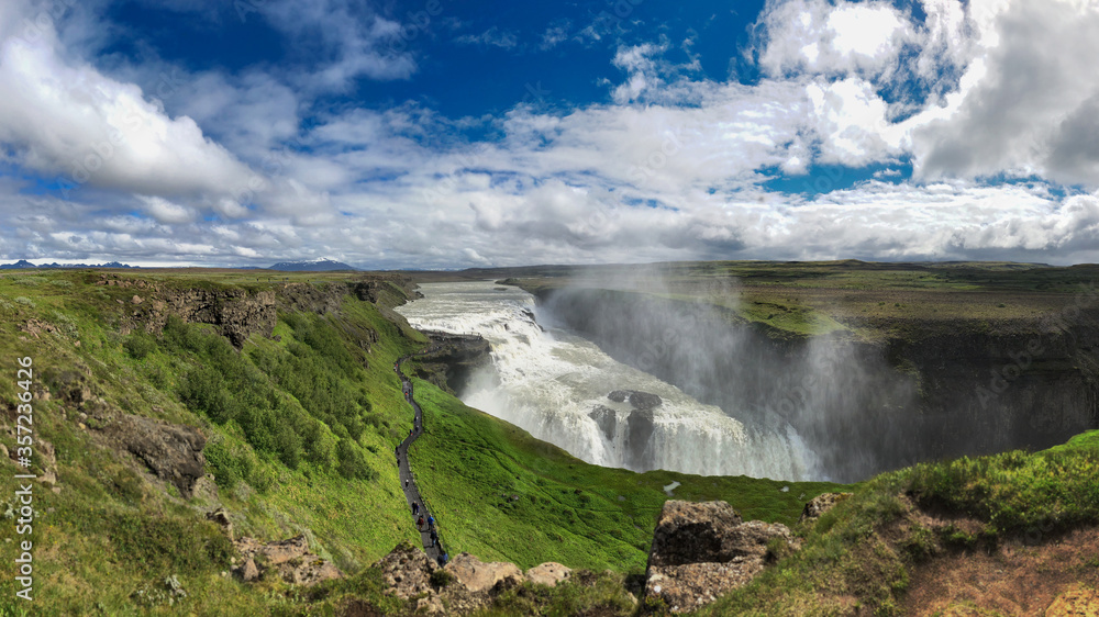 Panoramic view of Gullfoss waterfall on the Hvítá river, a popular ...