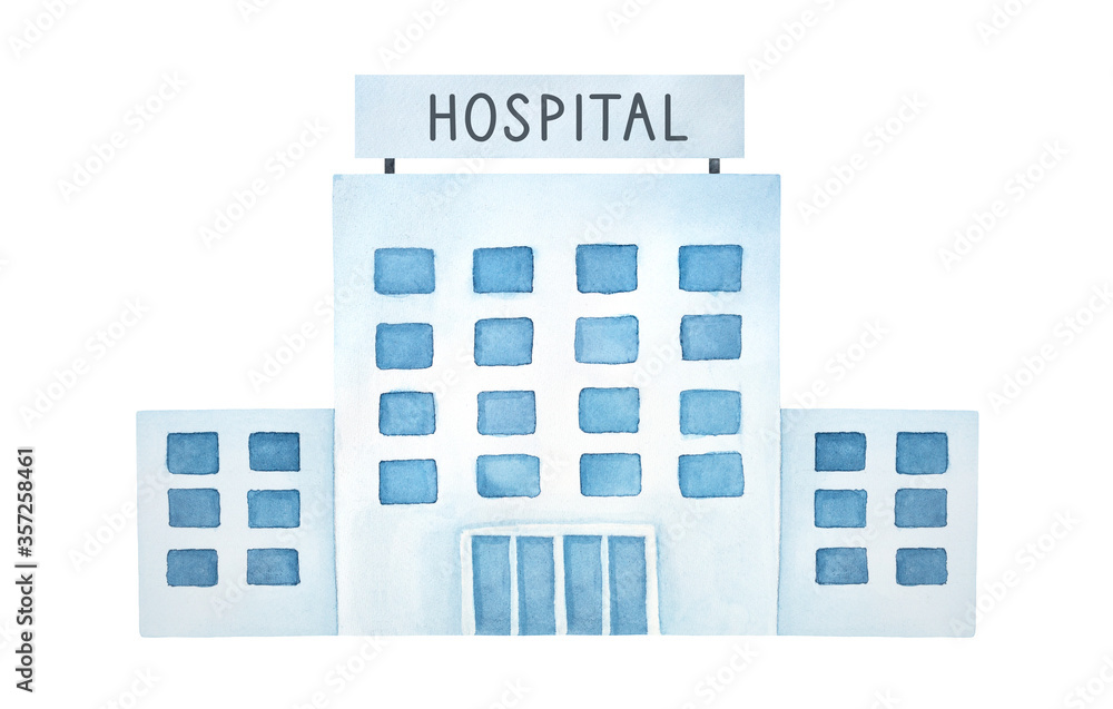 Water color drawing of white multistage public Hospital building with ...