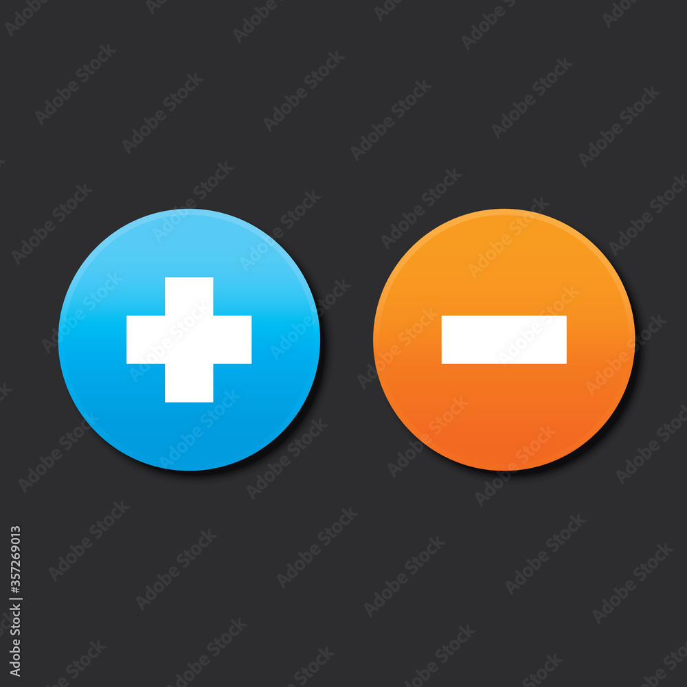 Plus and minus round shape icons with shadow, blue plus and orange ...