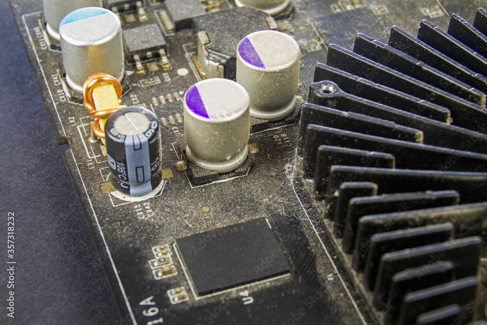Foto de Stock Very dirty and dusty part of motherboard - series of computer parts | Adobe Stock
