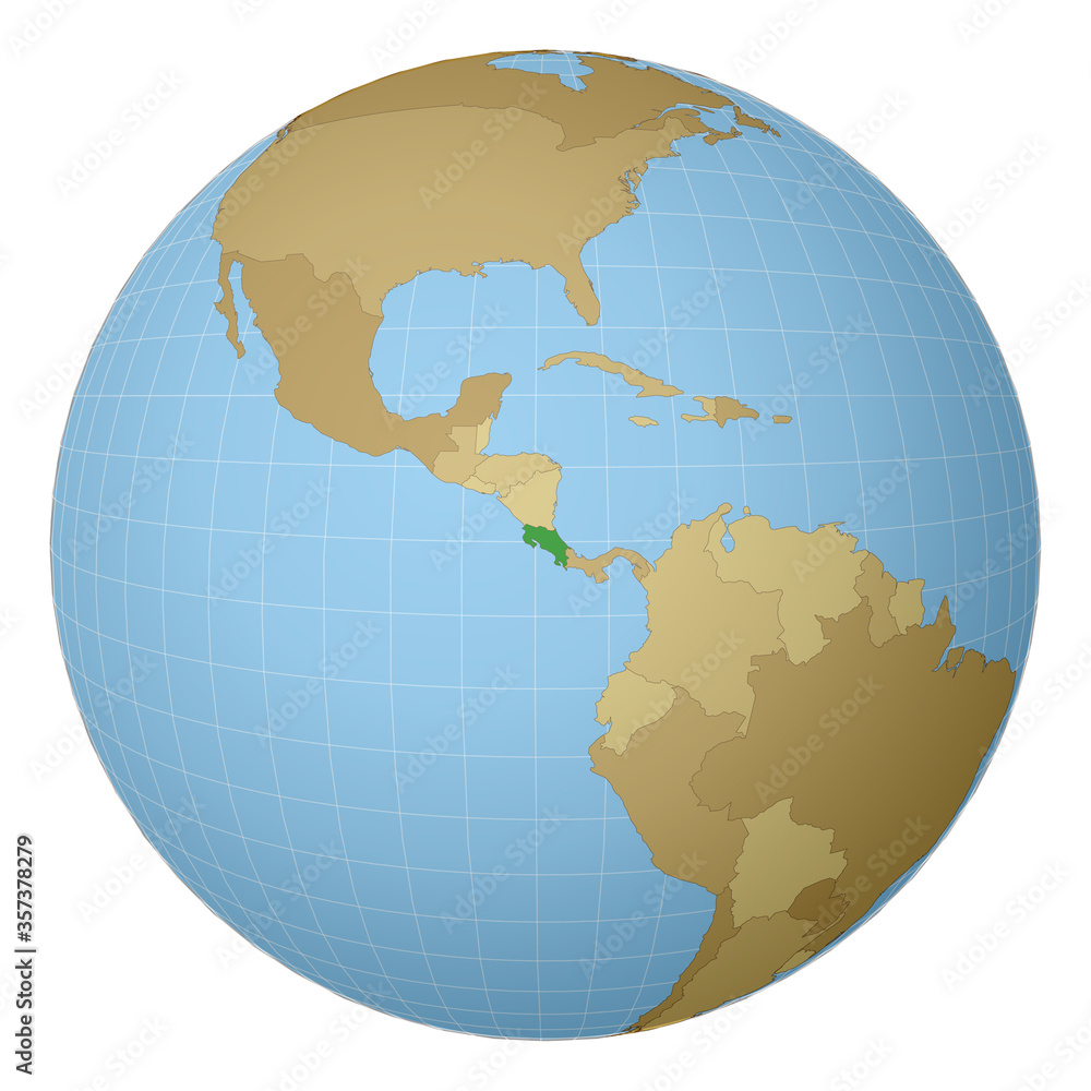 Globe centered to Costa Rica. Country highlighted with green color on ...