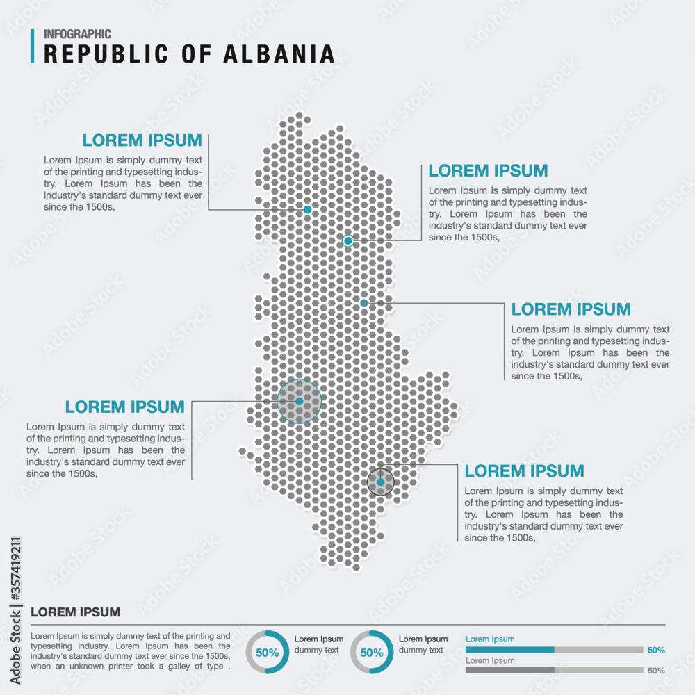 Albania country map infographics vector with pointer marks and circle ...