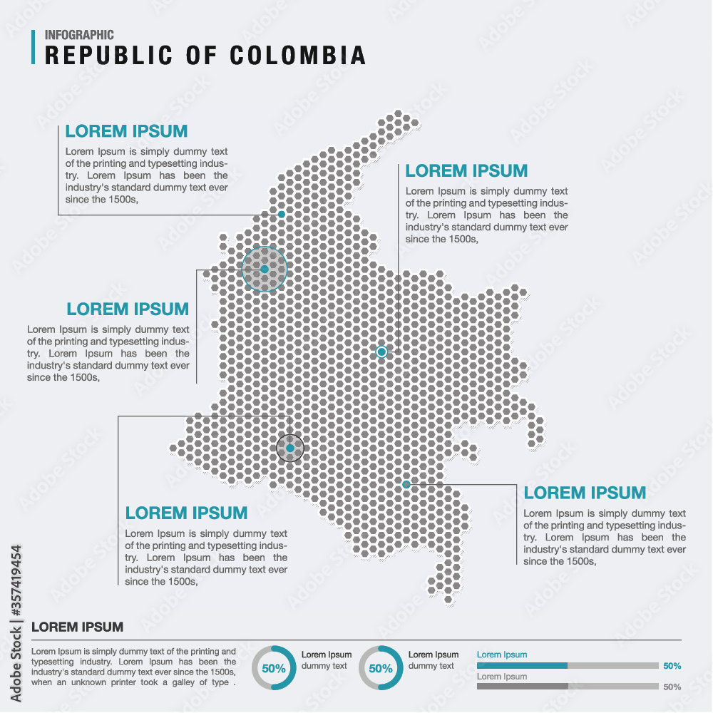 Colombia country map infographics vector with pointer marks and circle ...