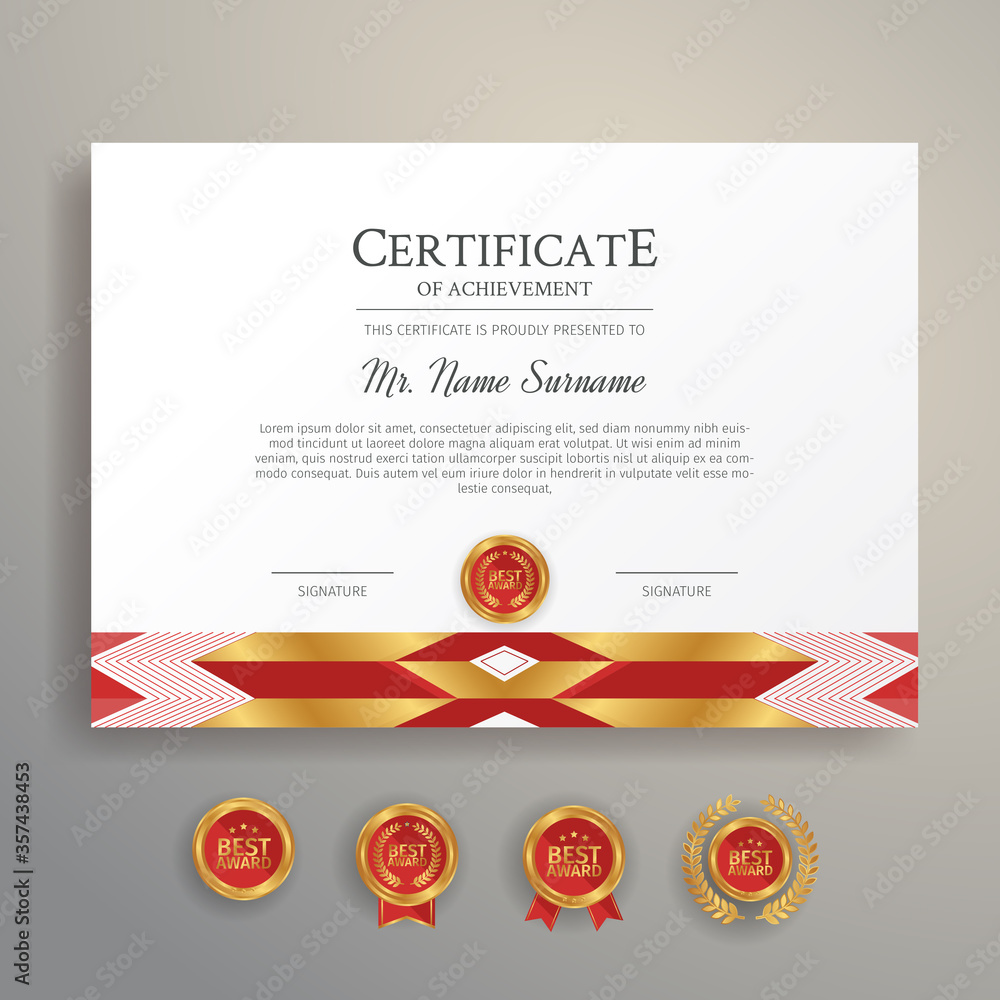 Red and gold certificate border template with badges for award ...