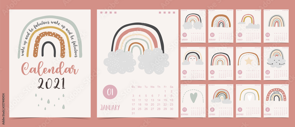 Cute pastel calendar 2021 with rainbow,rain,cloud for children, kid ...