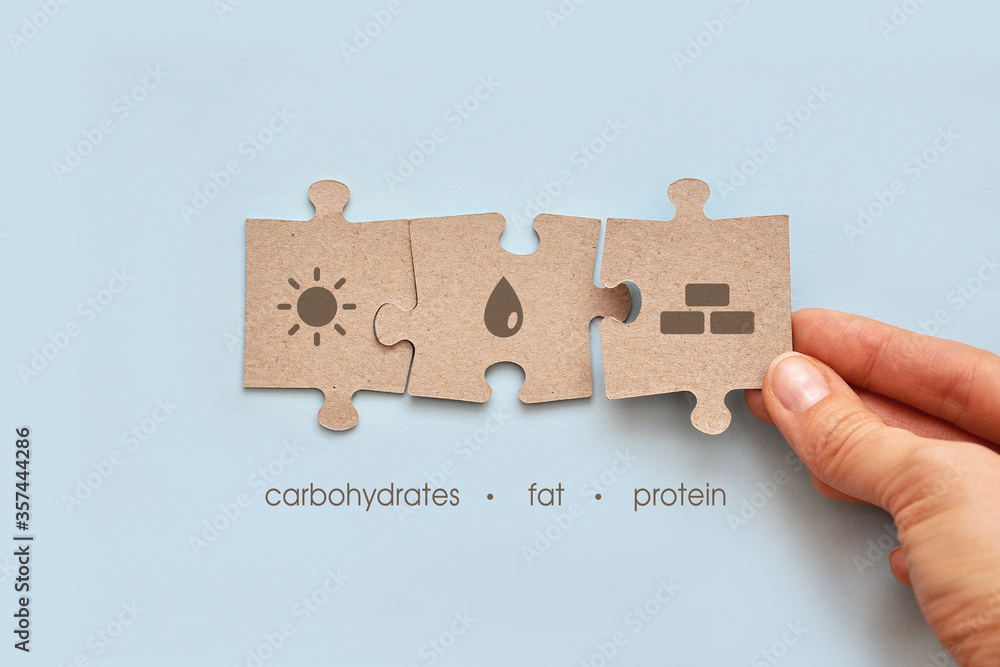 The hand collects a puzzle with icons of proteins, fats and ...