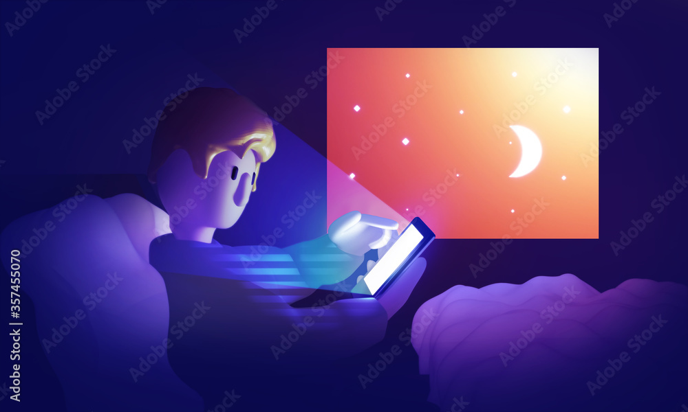 Стоковая иллюстрация «character looks at the luminous phone screen at ...