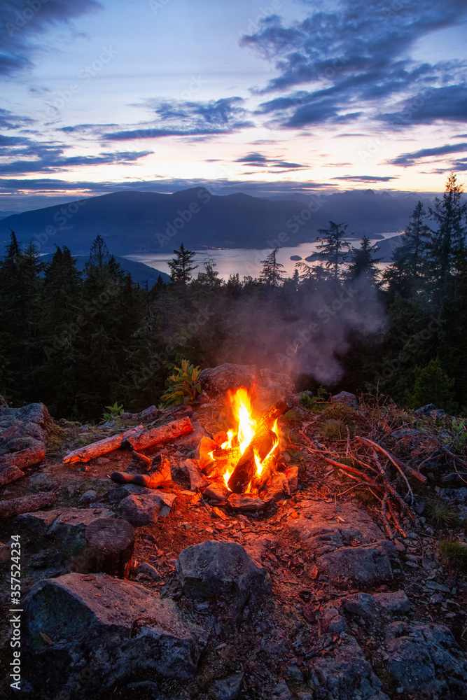 Warm Camp Fire on top of a mountain with Beautiful Canadian Nature ...