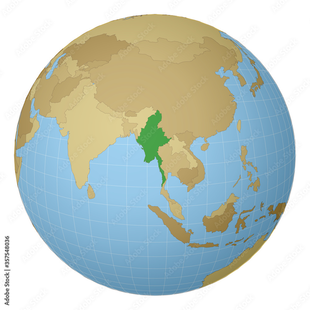 Globe centered to Myanmar. Country highlighted with green color on ...