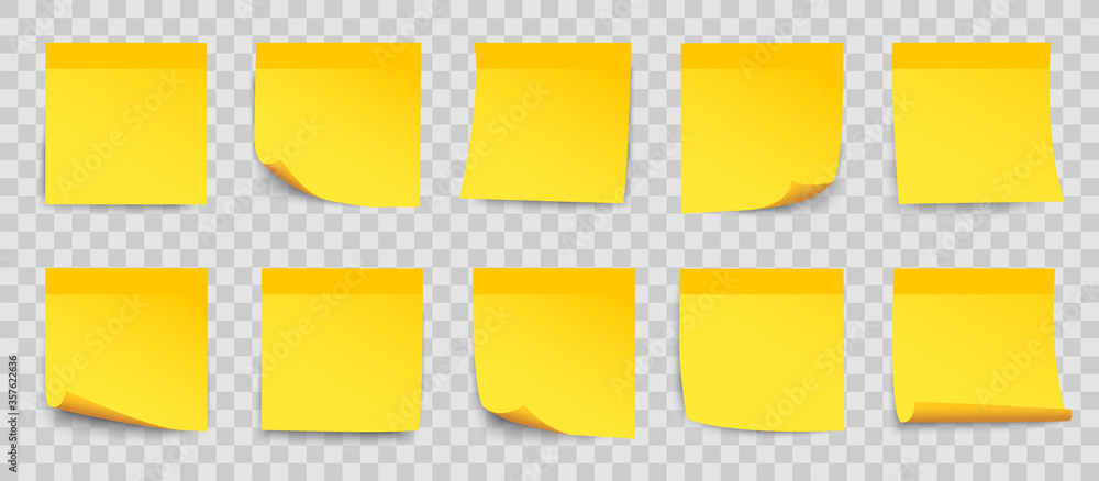 Set yellow sticky papers on transparent background, collection stick ...