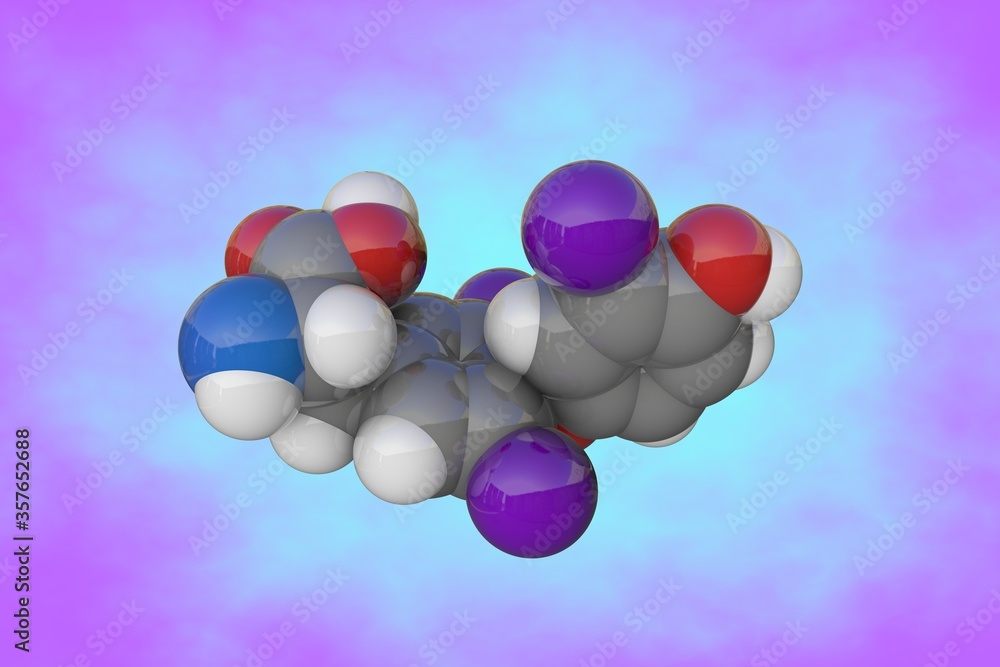 Molecular model of liothyronine or T3. Atoms are represented as spheres ...