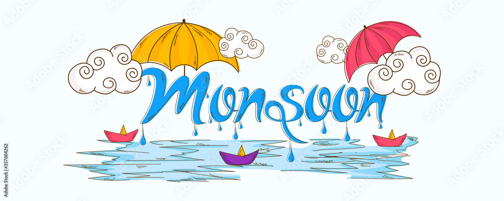 Happy Monsoon season calligraphy creative hand drawn text with umbrella ...